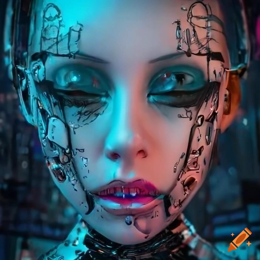 Cyborg goddess with human features in a dark cyberpunk cityscape on Craiyon