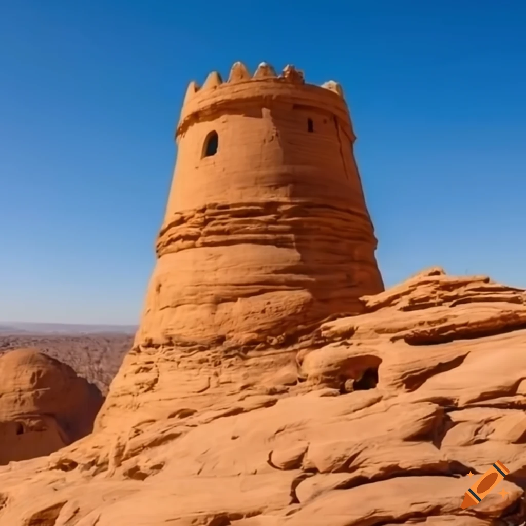 Sandstone fort tower in the middle of a desert on Craiyon