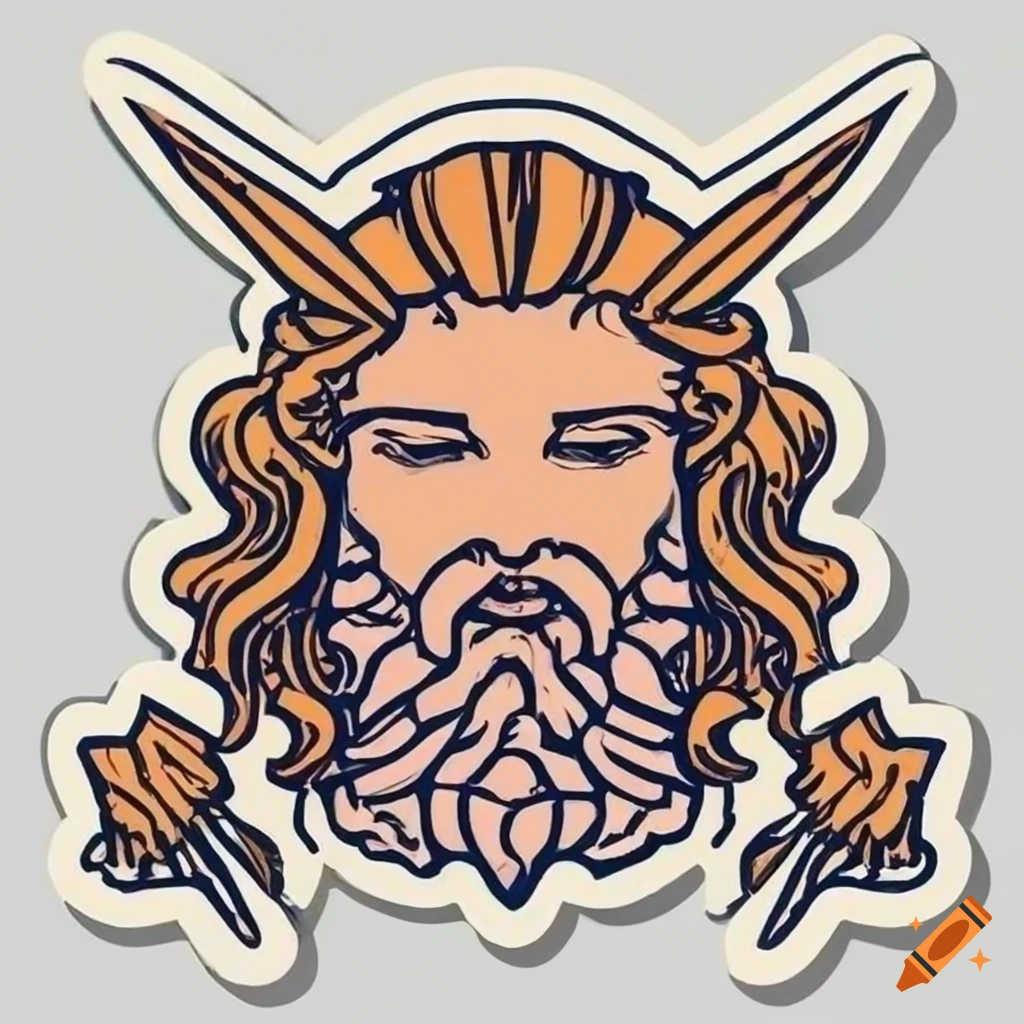 Sticker of ancient Greek symbol of bearded god Zeus with a triple spear ...