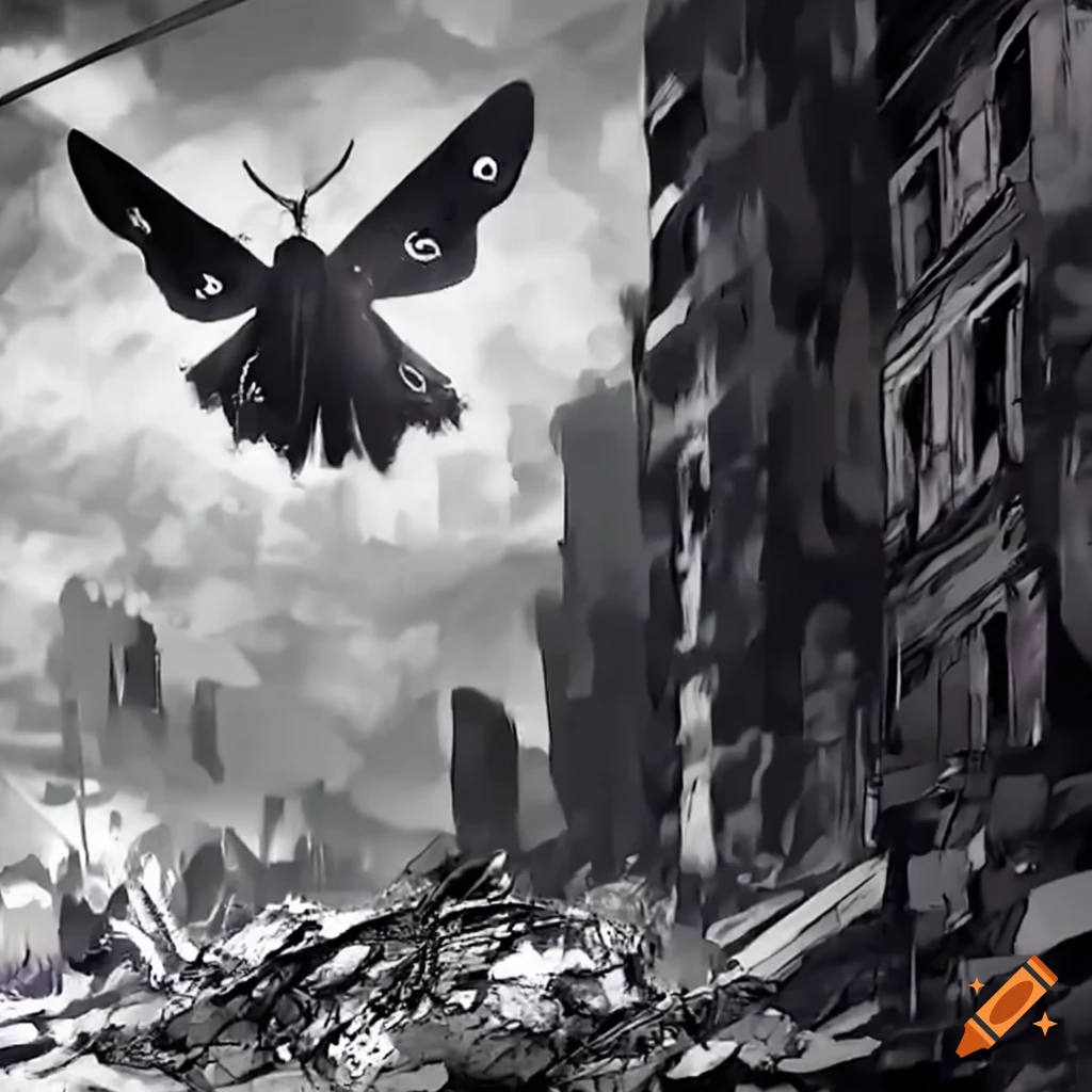 Moth flying over a destroyed city on Craiyon