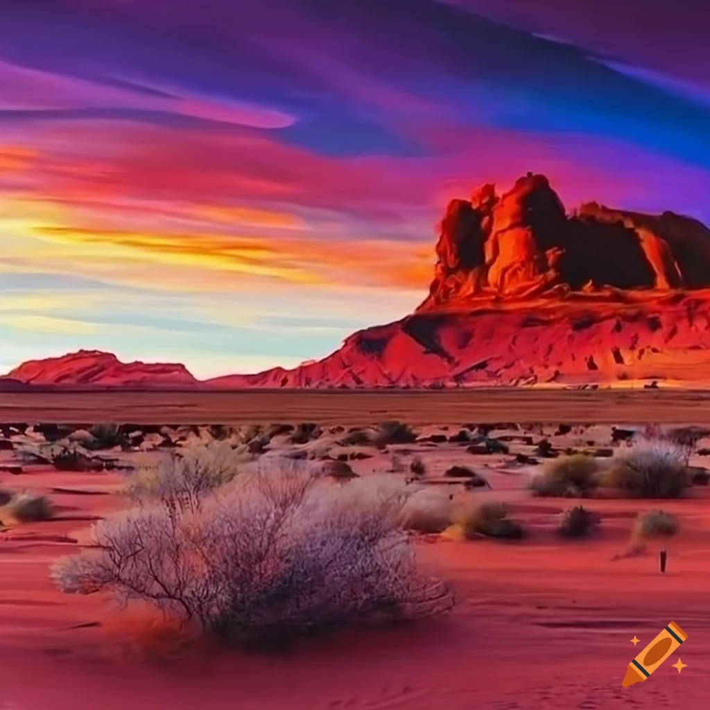 Vibrant sunrise over red rock desert with chicano art style on Craiyon