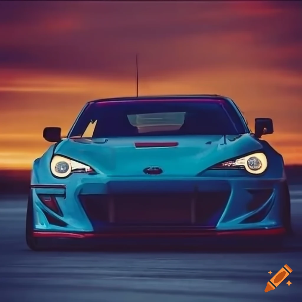 Retro scene of subaru brz drifting into the sunset on Craiyon