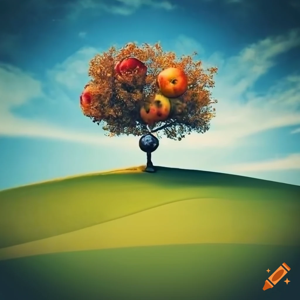 Upside-down tree on green hill with falling apples and Isaac Newton on Craiyon