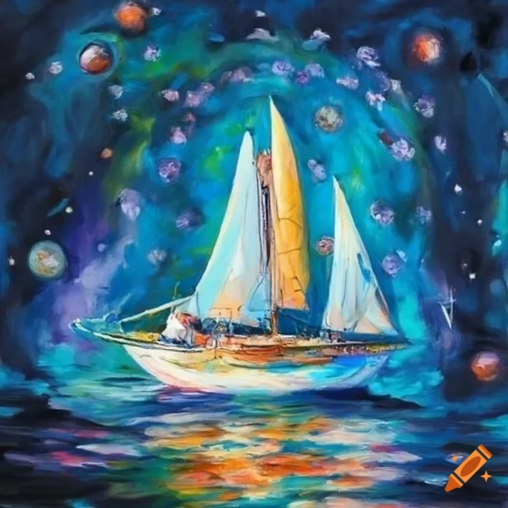 Sailboat in space crewed by cats in monet style painting on Craiyon