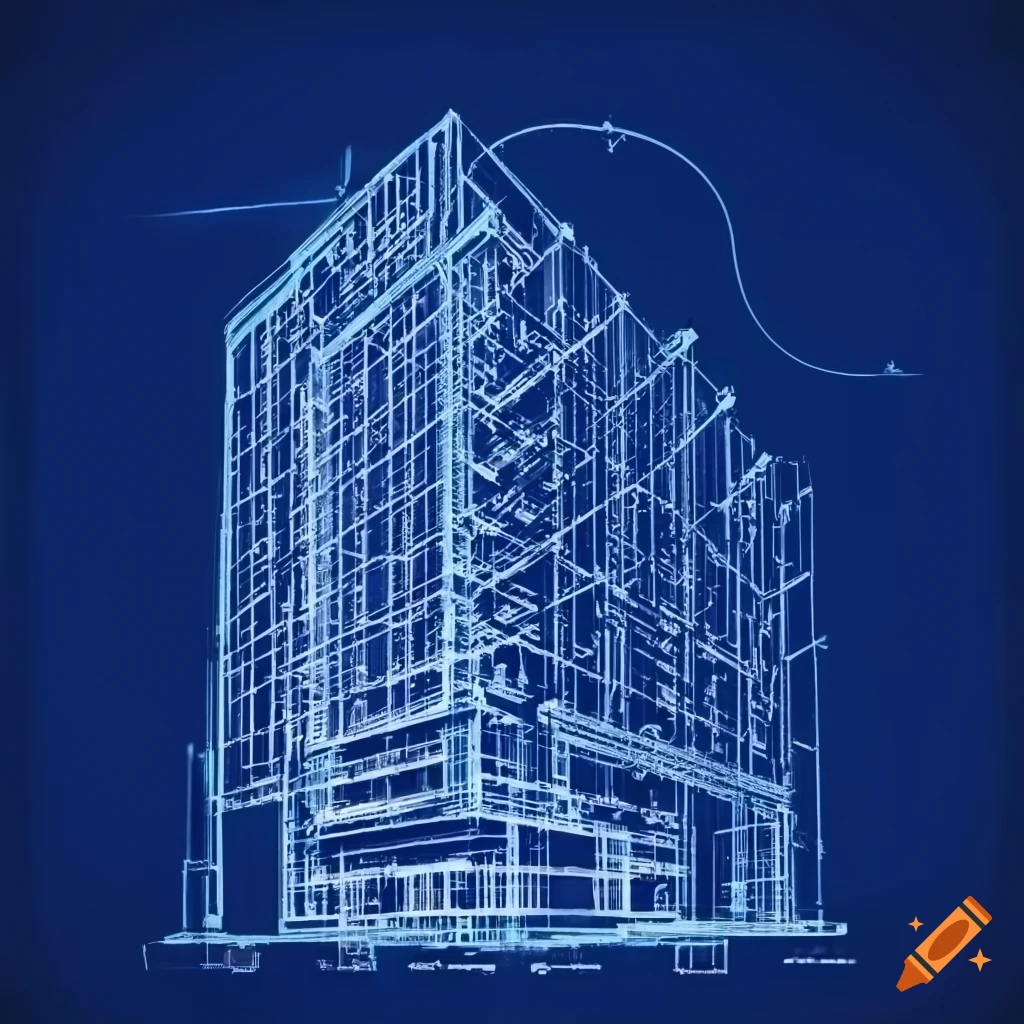 Technical blueprint of a complex tower design on Craiyon