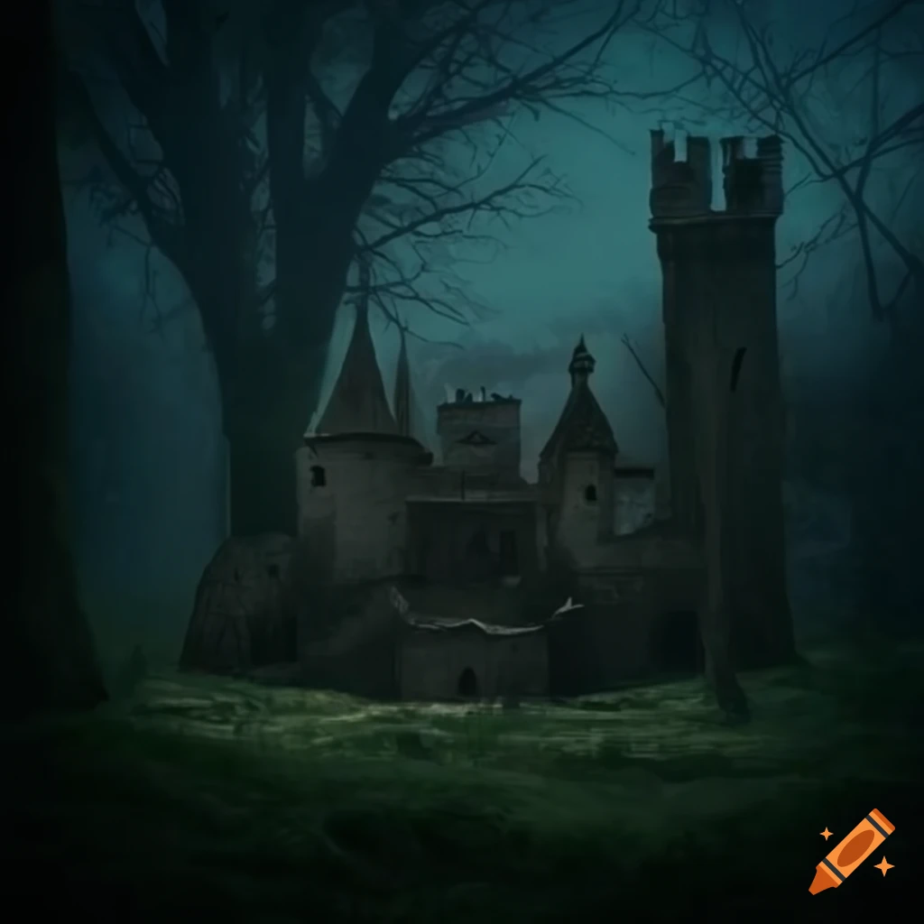 Old worn small castle in a dark forest on Craiyon