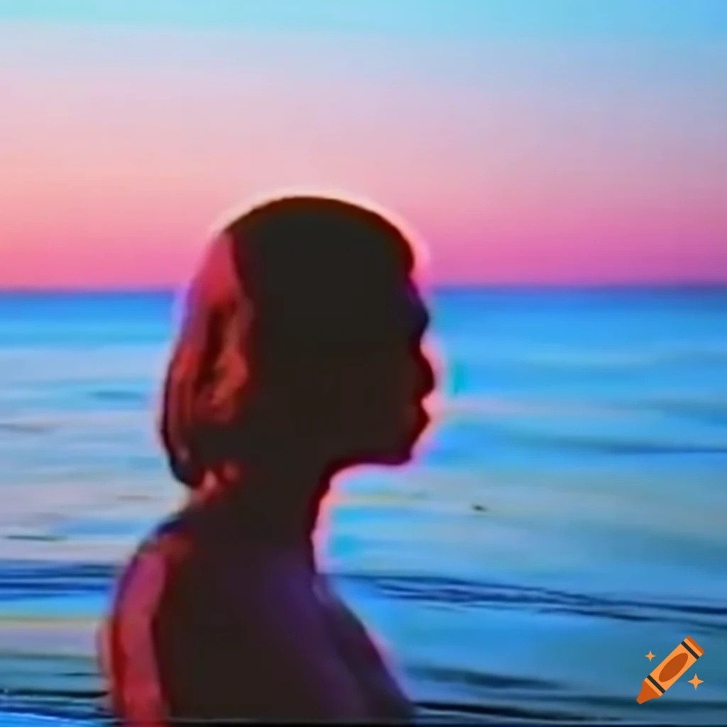 Person at the beach in 1980s vhs style footage on Craiyon