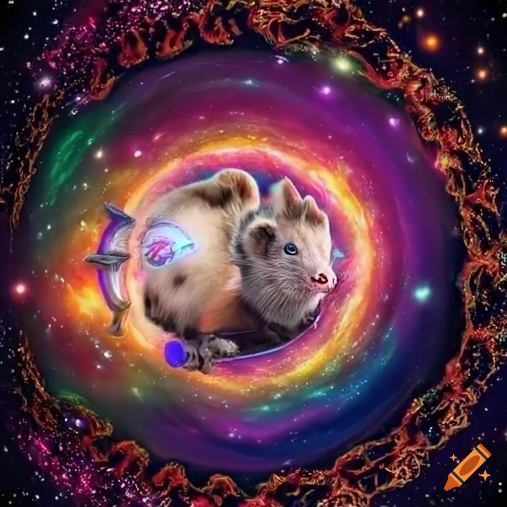 Surreal cosmic collage featuring ferrets in space helmets riding ...