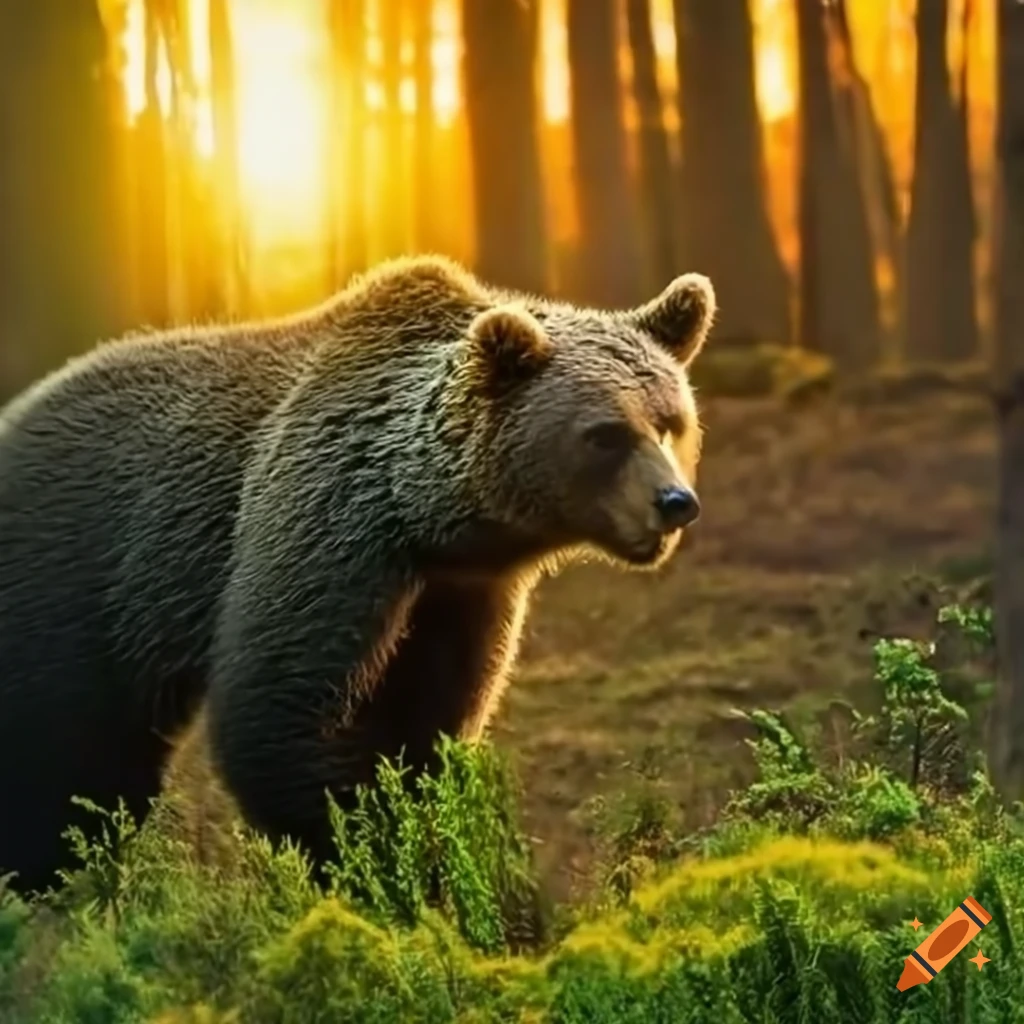 Bear in a forest at sunset on Craiyon