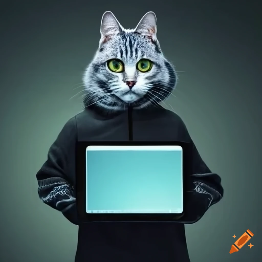Cat in matrix-style hood with a tablet in hand on Craiyon