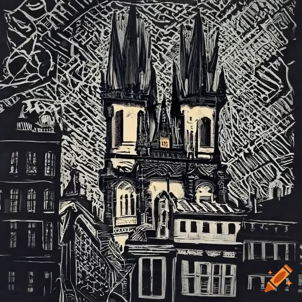 Prague linocut of church of our lady before týn on Craiyon