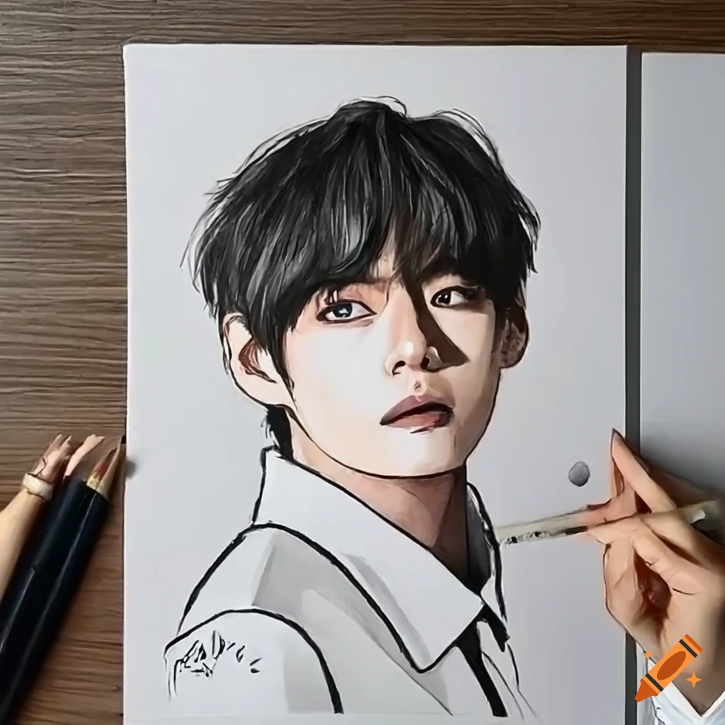 Drawing of kim taehyung in black and white paint with shadows, focusing ...