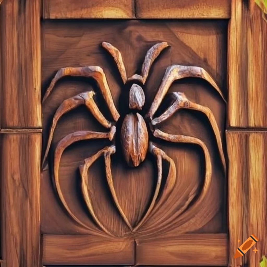 Wooden tile with a carved spider design on Craiyon