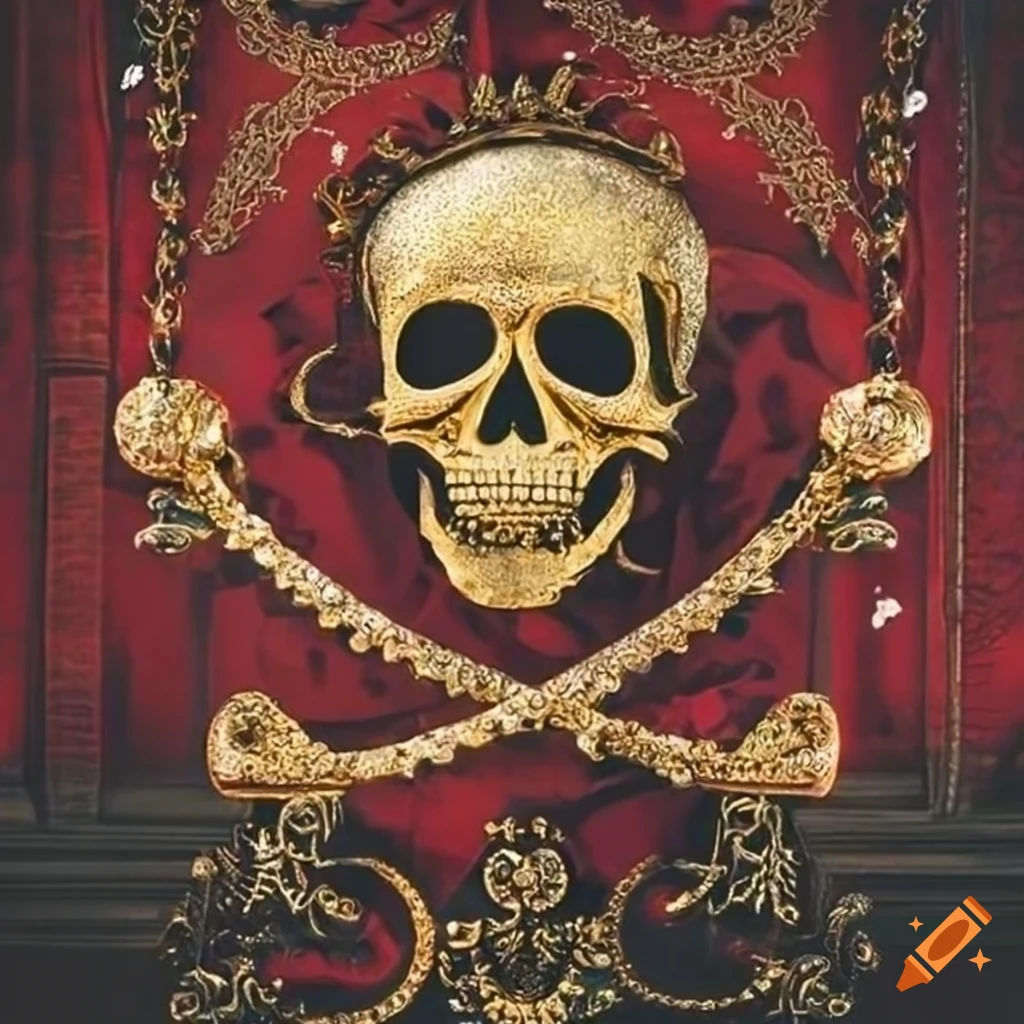 Opulent red pirate flag with a grand crest and crown design on Craiyon