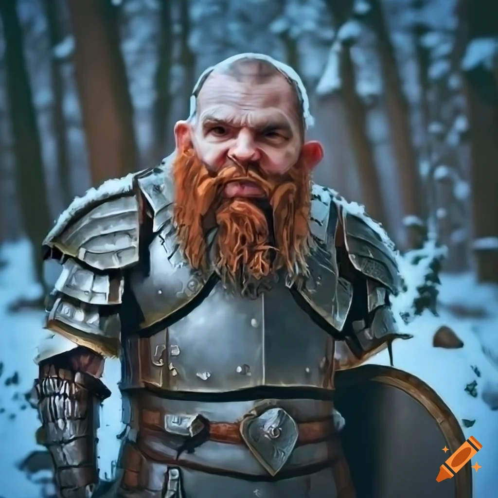 Close-up portrait of a male dwarf warrior in snow forest with shield on ...