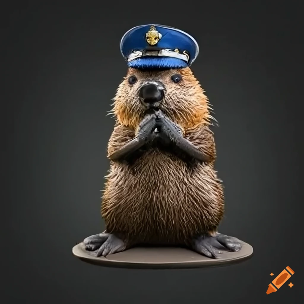 Canadian beaver in police uniform with arms crossed on Craiyon