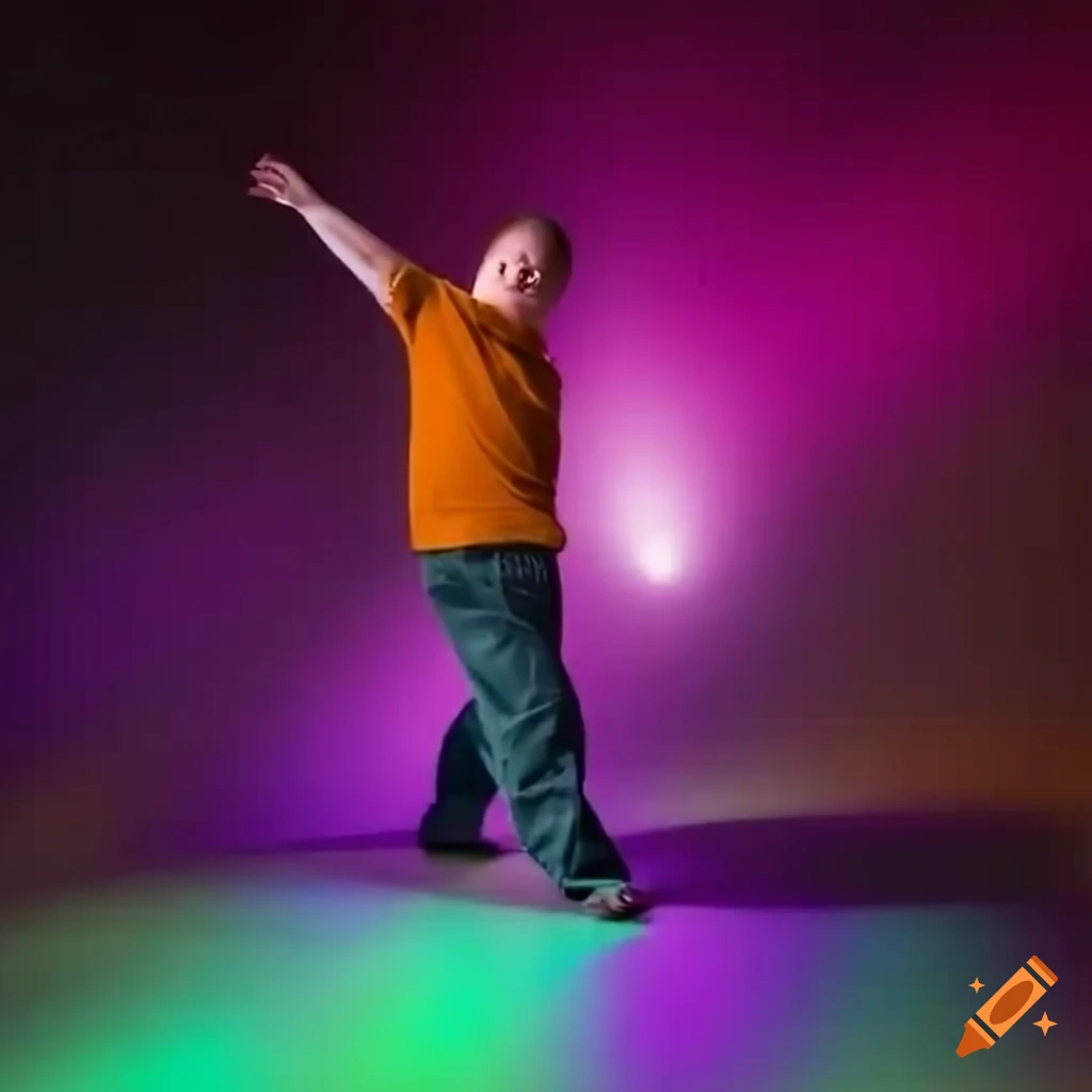 Adult with Down syndrome dancing on colorful dance floor on Craiyon