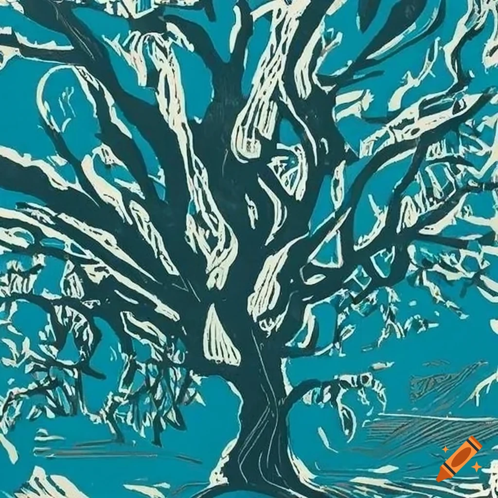 Asian inspired trees linocut artwork on Craiyon
