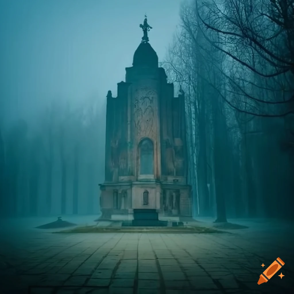 Large memorial in a misty town on Craiyon