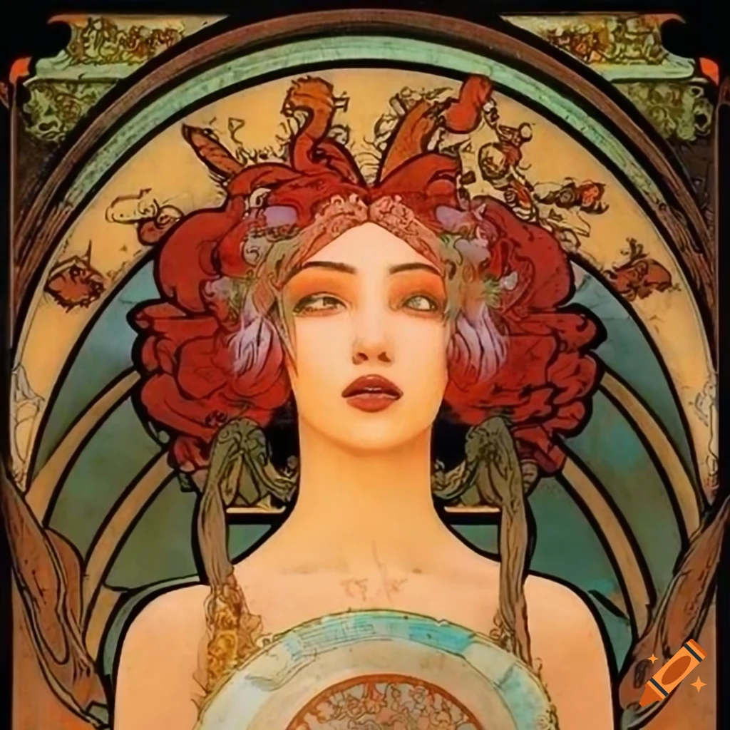 Minoan sea goddess inspired by Alphonse Mucha style on Craiyon