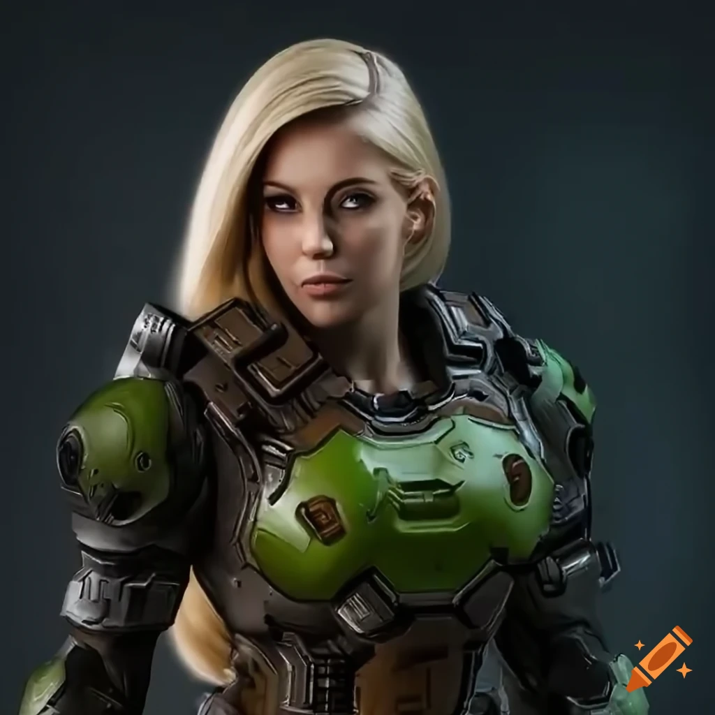 Blonde female Doom Slayer character in futuristic battle gear on Craiyon
