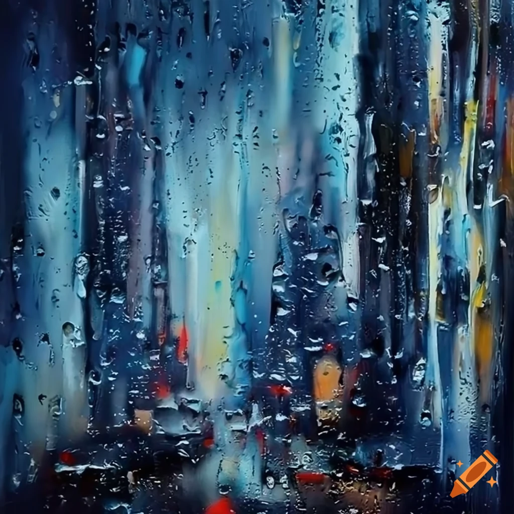 Abstract painting of a city beyond a rain-covered window on Craiyon
