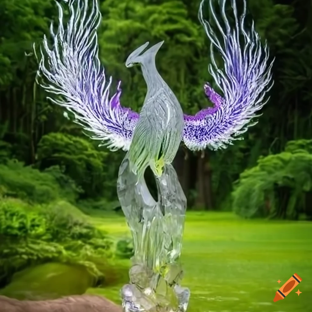 Majestic crystal phoenix bird sculpture in a lush field on Craiyon