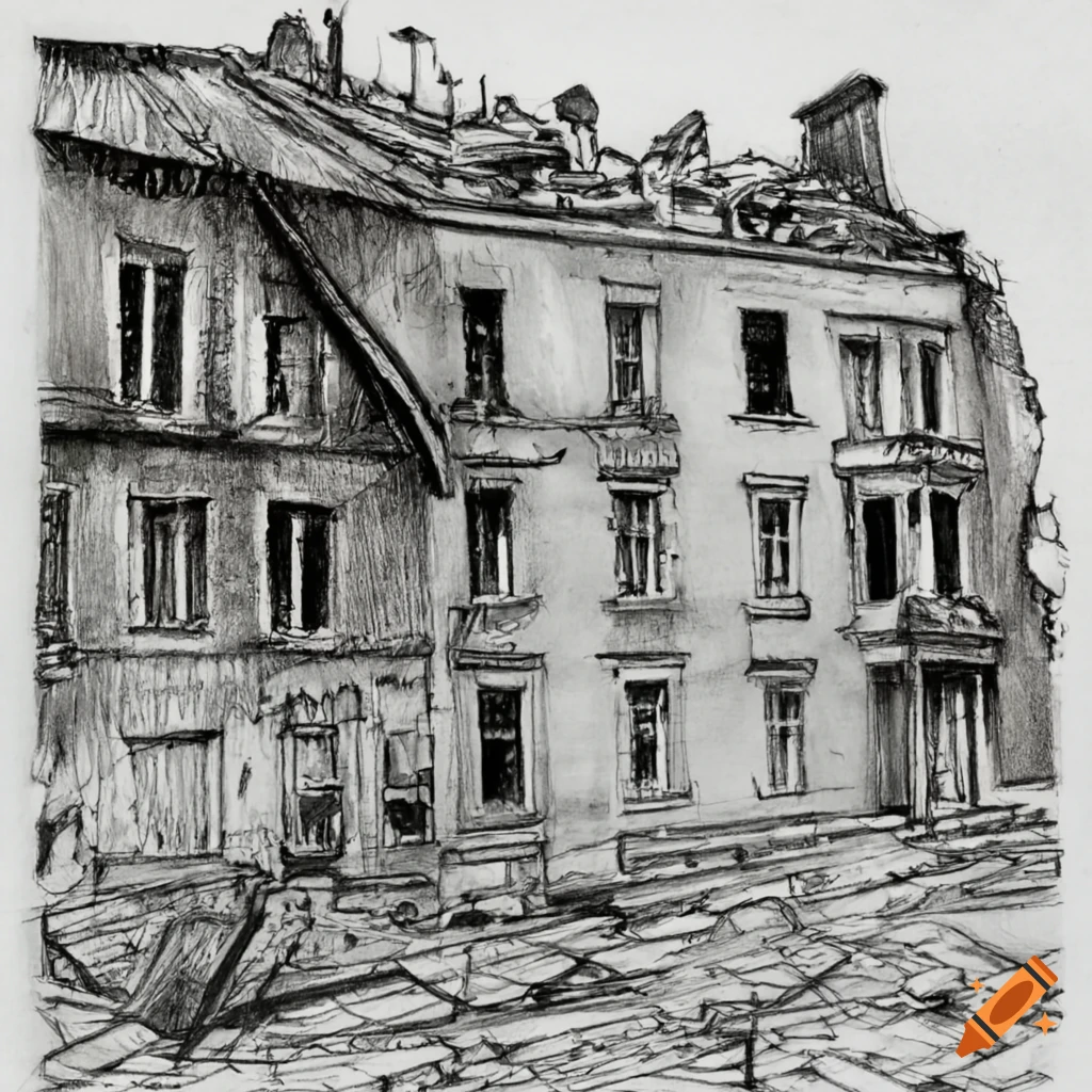 Destroyed streets of warsaw during world war ii in a pencil drawing on ...