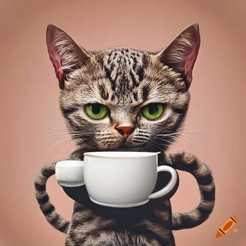 Funny cat holding coffee on Craiyon