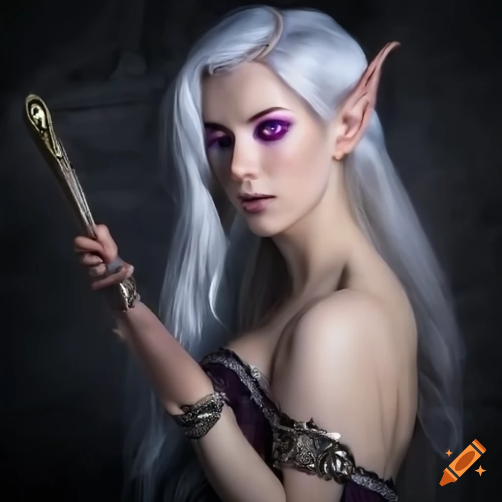Female high elf sorceress with silver hair and purple eyes holding a magical staff on Craiyon