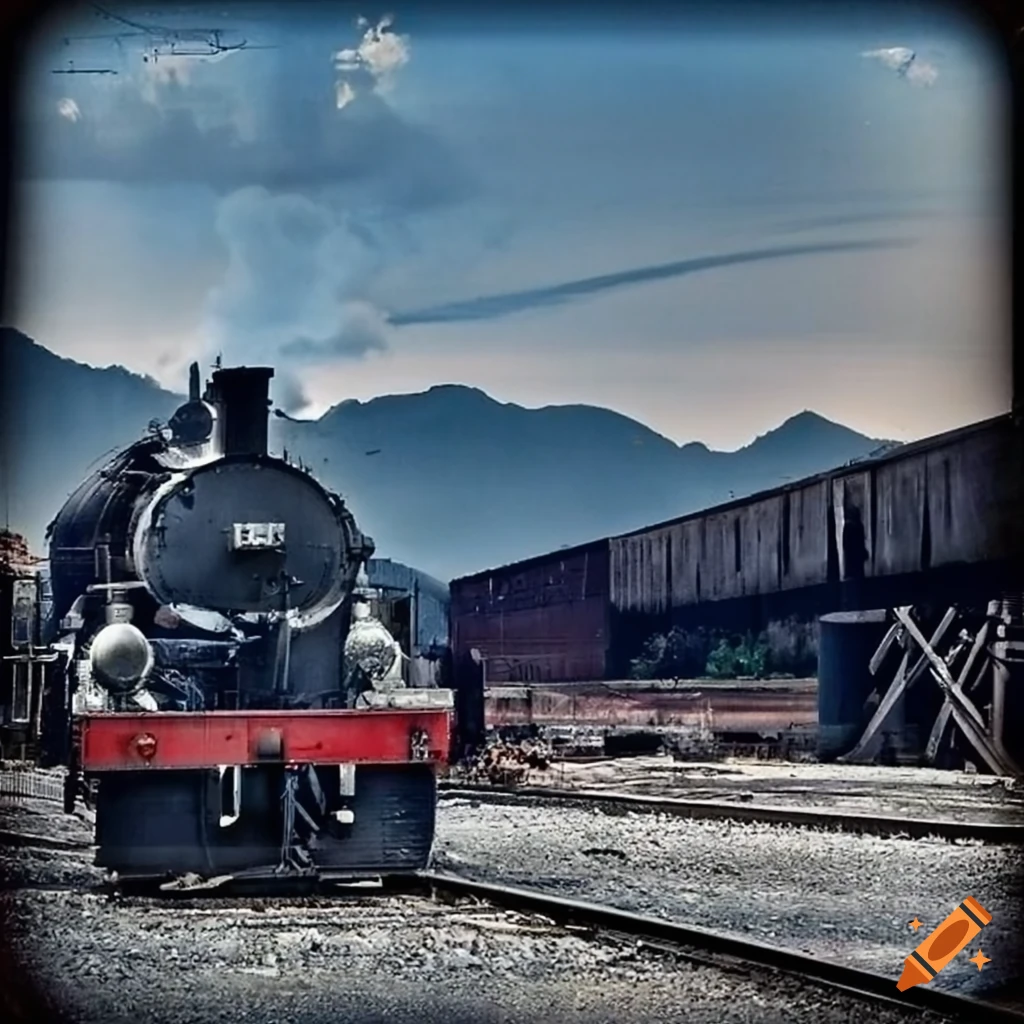 Steam locomotive parked by loading dock with mountain view on Craiyon