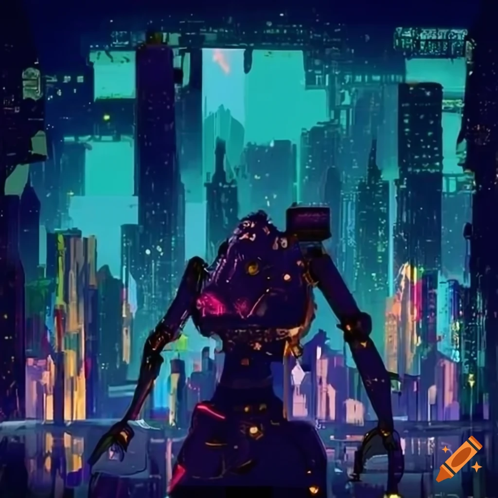 Cityscape blending biopunk and cyberpunk elements with cyborg animals ...