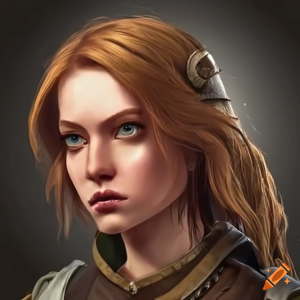 Close-up portrait of a female medieval rogue with light brown hair on ...