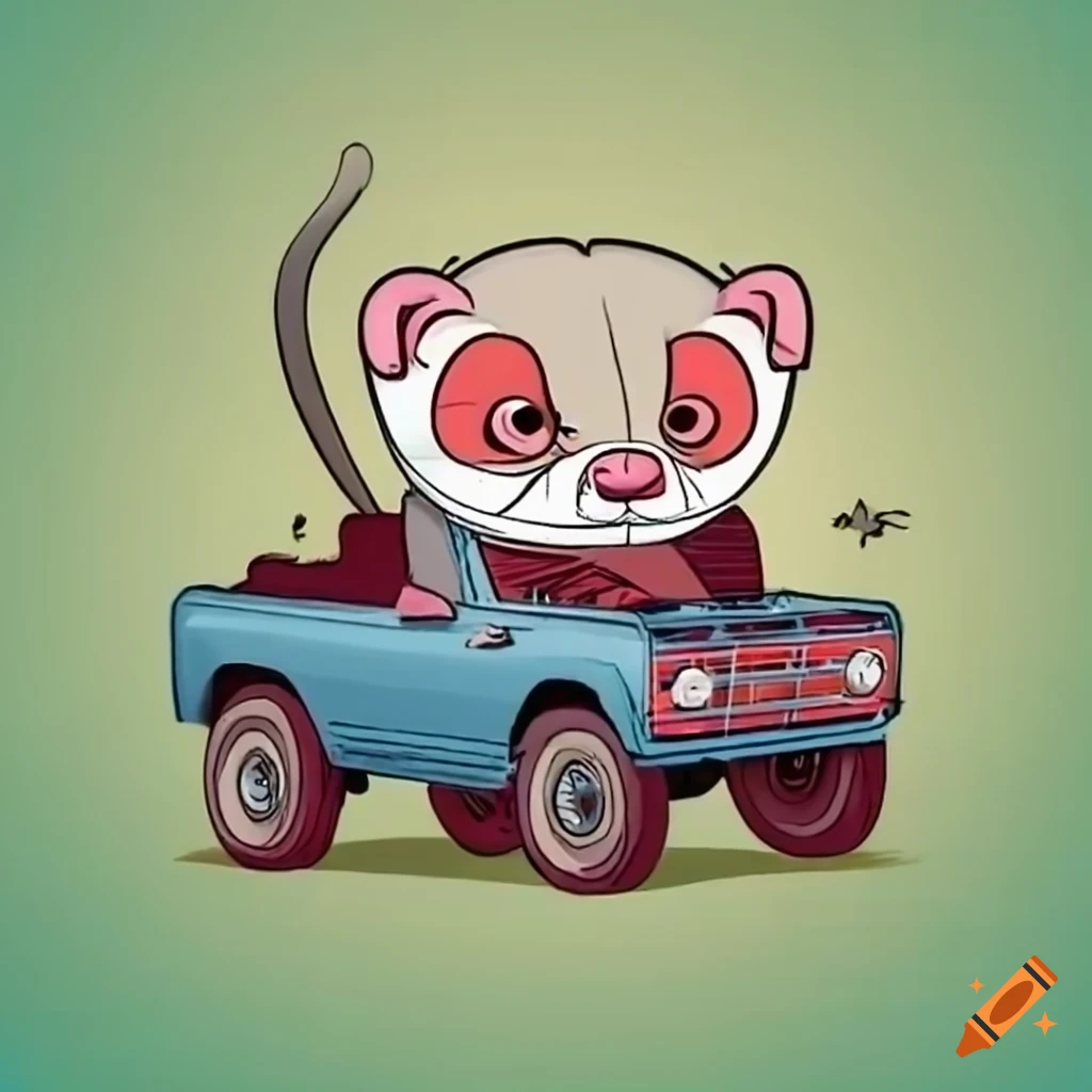 Cartoon ferret driving a vintage ford bronco on Craiyon