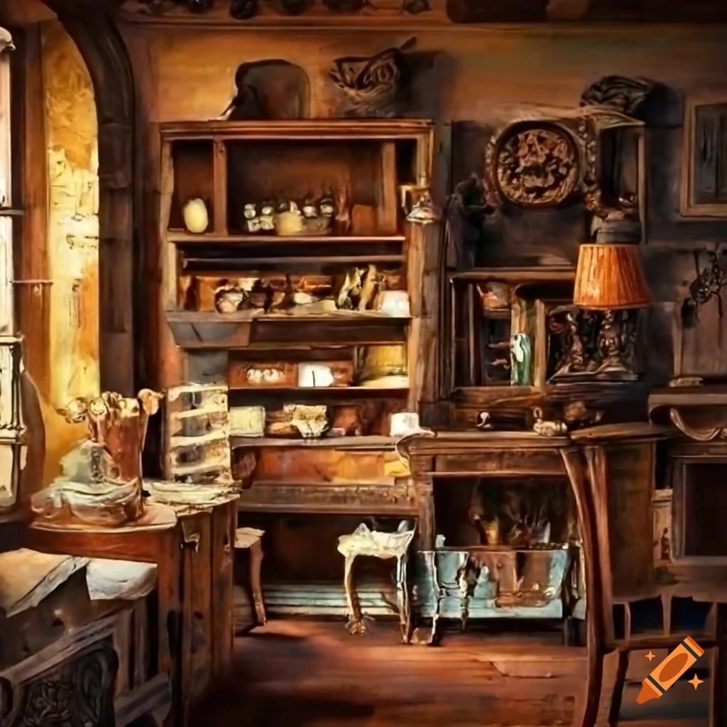 French antique store with paintings and rustic furniture on Craiyon