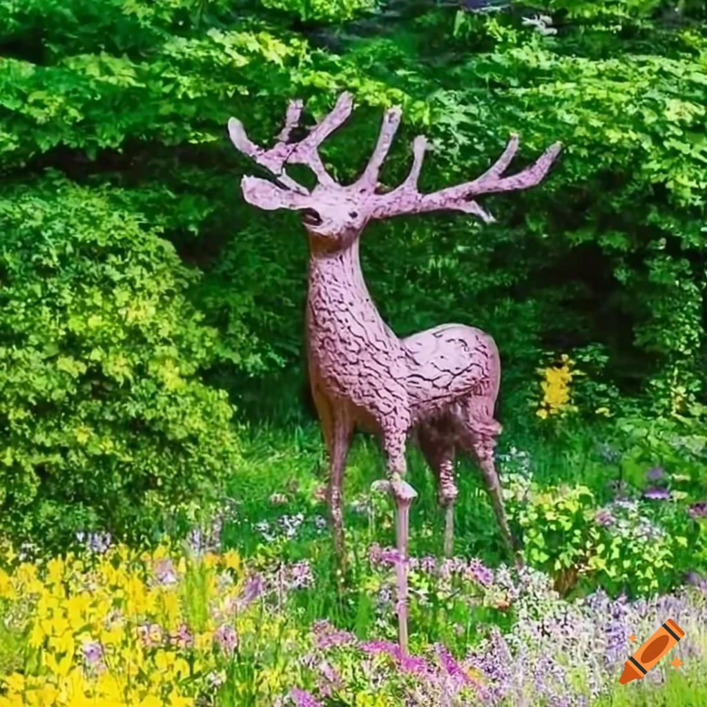 Iron deer statue among blooming wildflowers and lush greenery on Craiyon