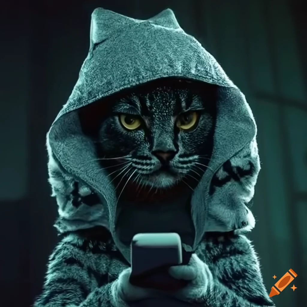 Cat in matrix style with a hood and tablet on Craiyon