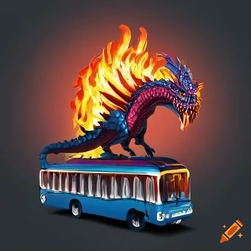 Fire breathing dragon driving a city bus on Craiyon
