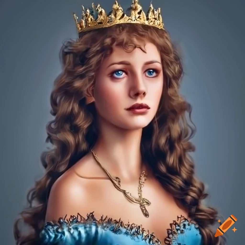 Portrait of a realistic queen from the Middle Ages with curly brown ...