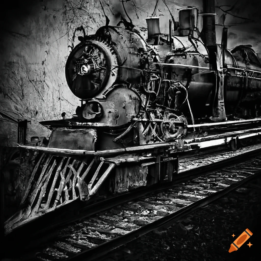 High contrast black and white image of a steampunk ghost train with ...