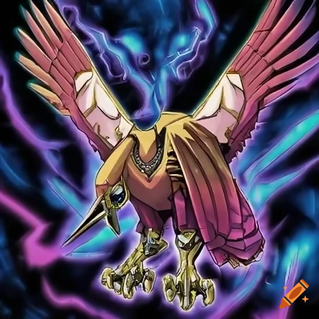 Mechanical falcon inspired by Yu-Gi-Oh! Card style on Craiyon
