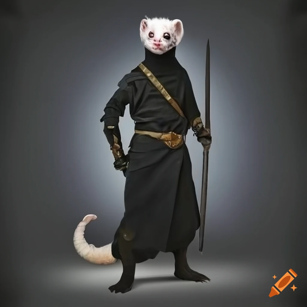 White ferret man in a black ninja costume in photorealistic style on ...