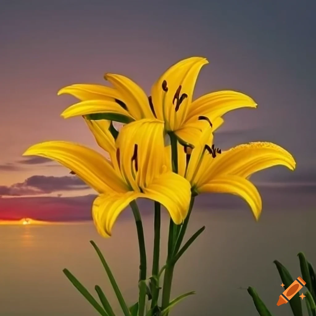 Yellow lilies at sunset on Craiyon