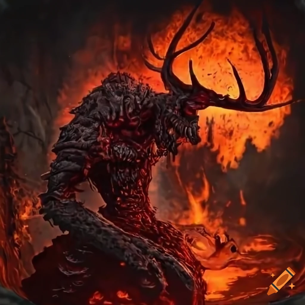 Boss fight with lava demon featuring dendritic horns and deer skull ...