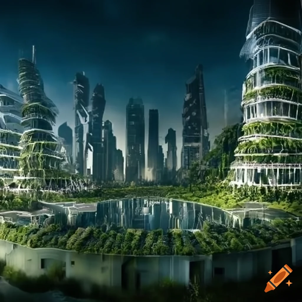 Futuristic city with integrated nature inspired by Solarpunk on Craiyon