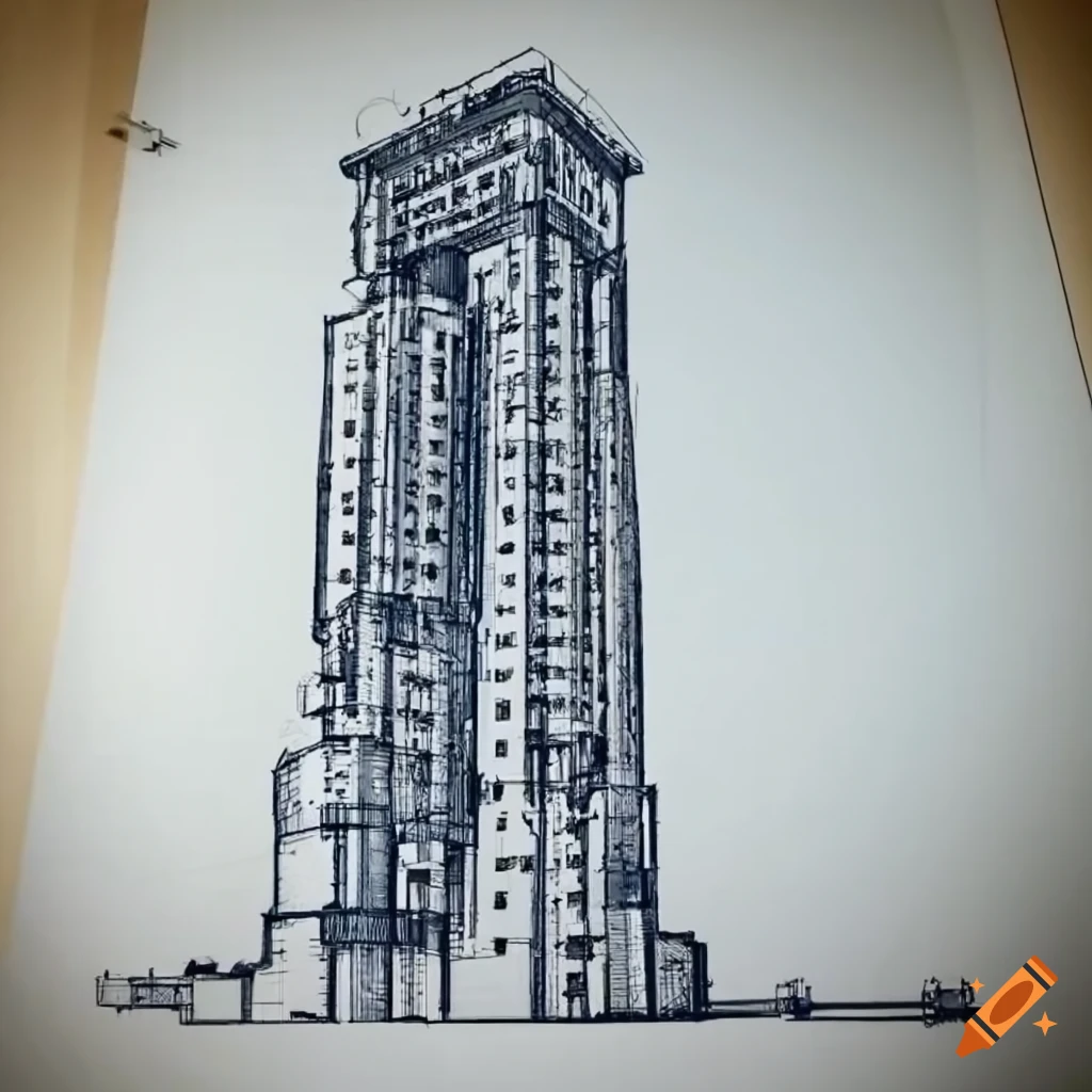 Technical blueprint of a complex tower design on Craiyon