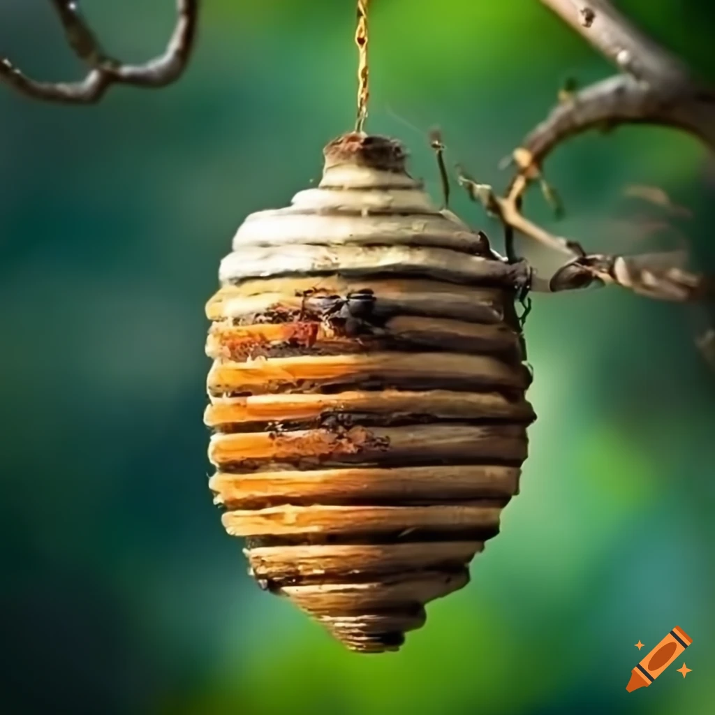 Beehive hanging from a tree branch on Craiyon