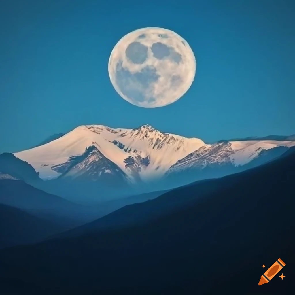 Full moon rising above mountain range with shining light on peaks on ...