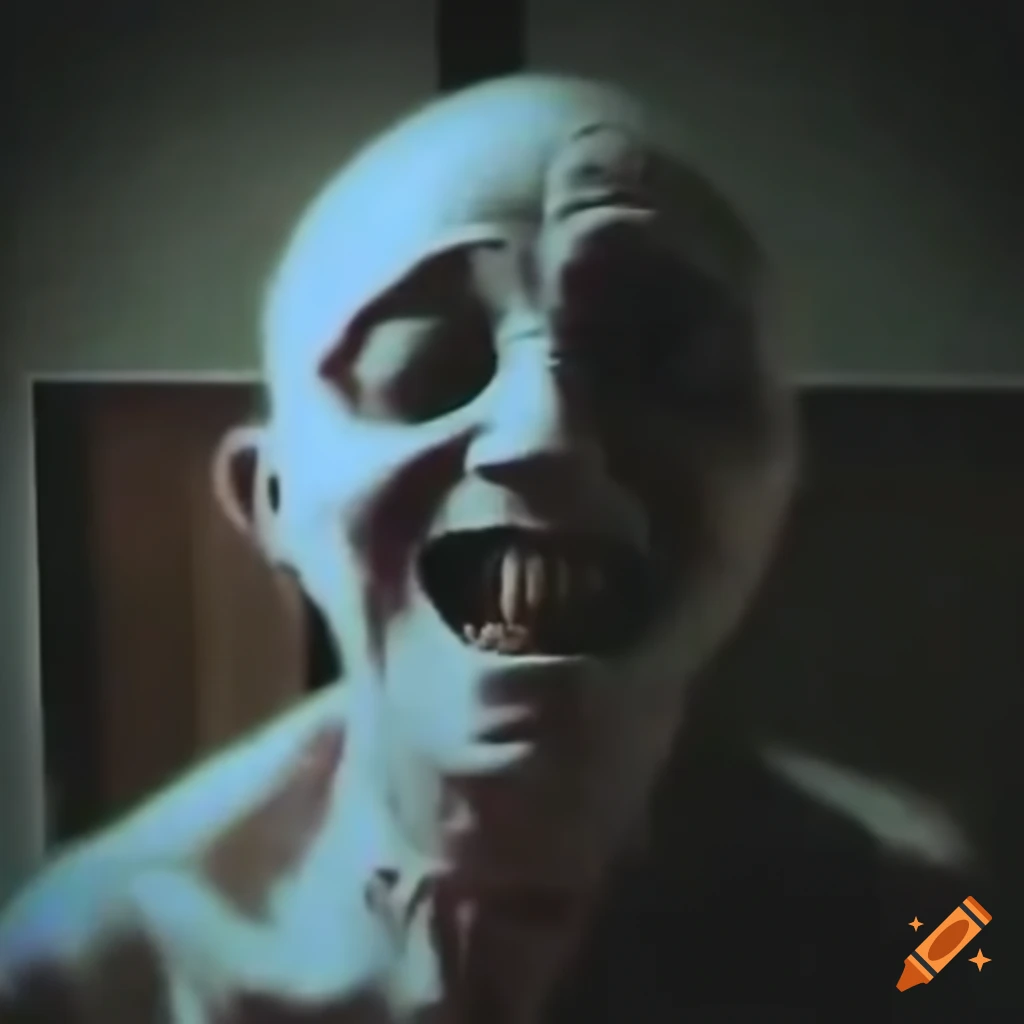 Spooky man with twisted elongated face behind a crack door in vhs ...