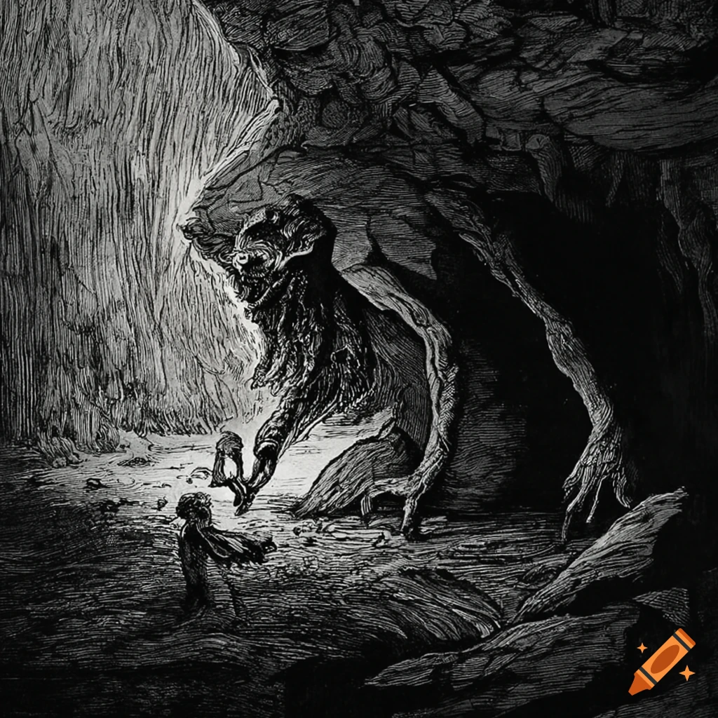 Detailed black and white ink drawing of trolls in a cave by theodor ...